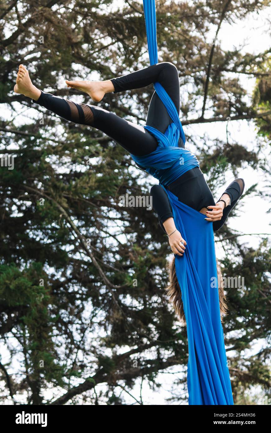 Aerial artist gracefully performs acrobatics on blue fabric amidst the ...