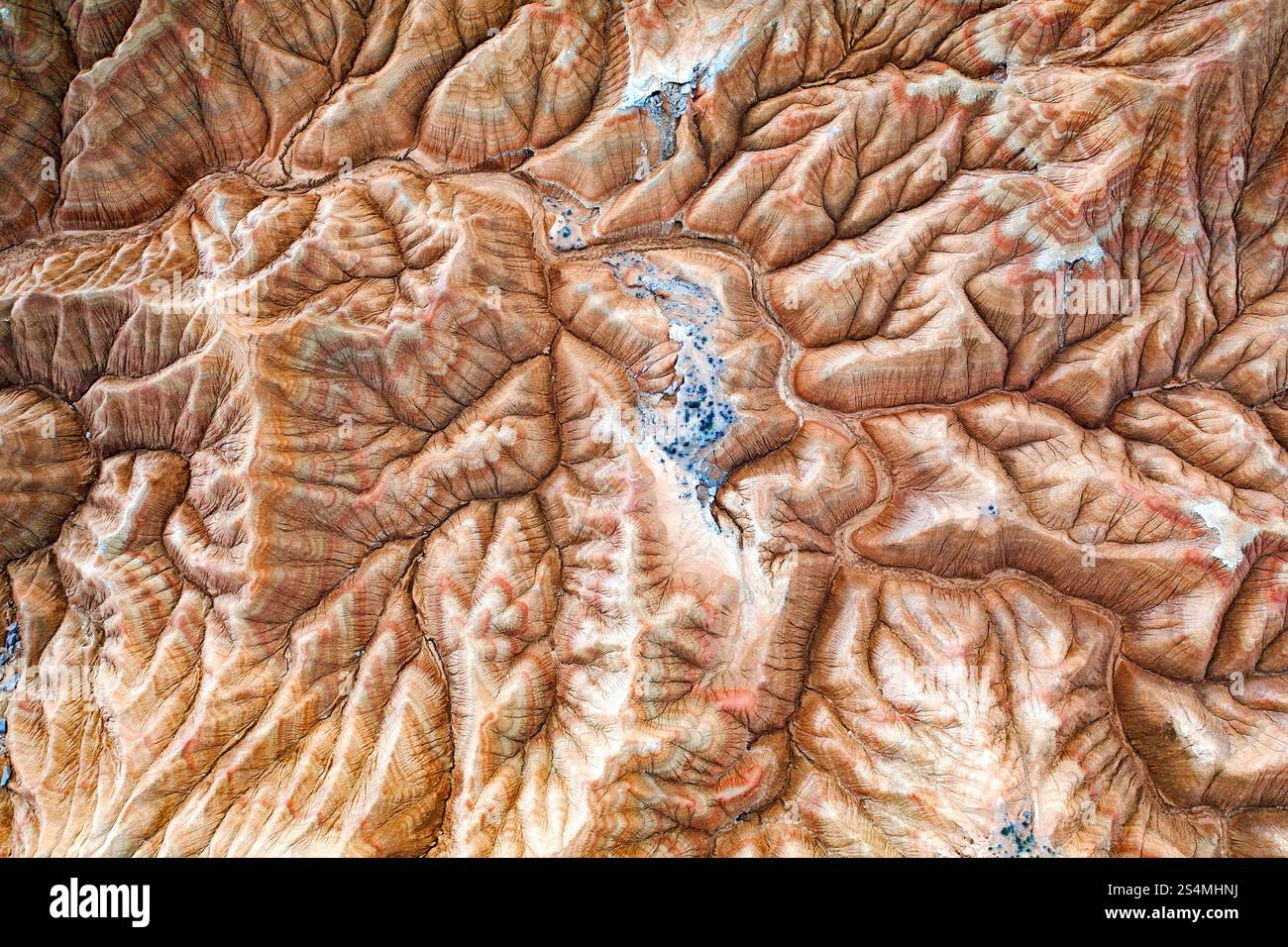 Aerial view of a rugged desert landscape with intricate patterns and ...