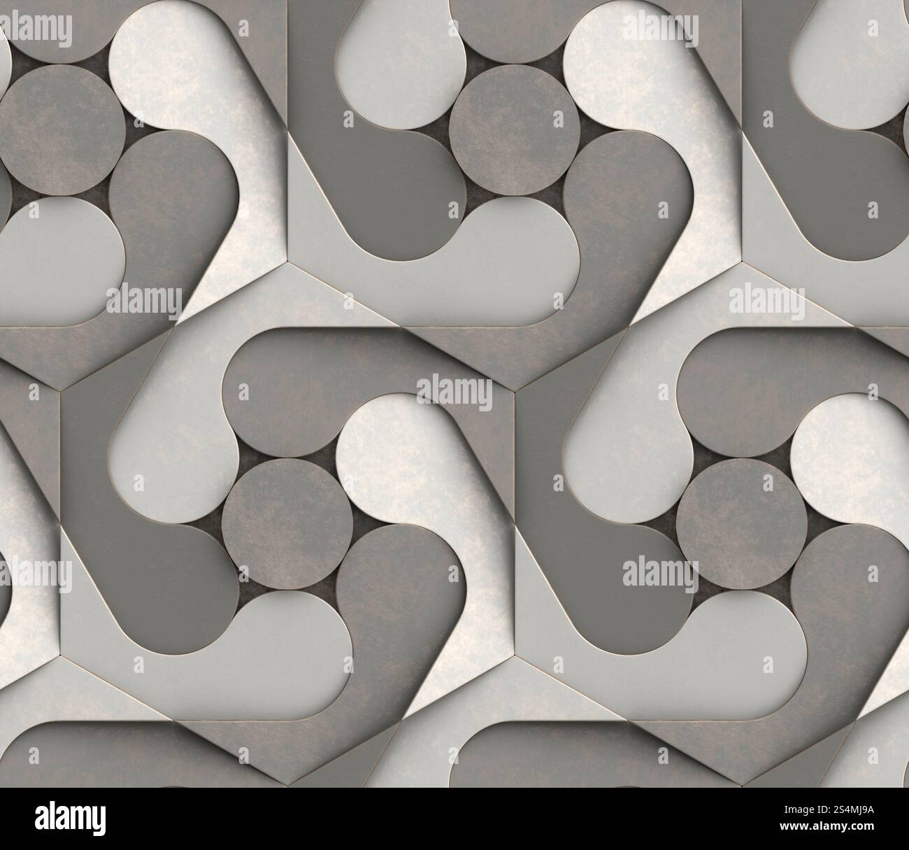 An intricate 3D geometric pattern featuring interlocking shapes in shades of gray, creating a ...