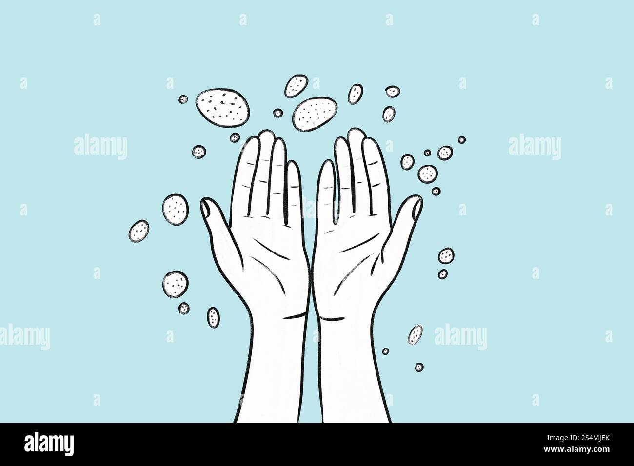 A health-themed illustration depicting two hands surrounded by germs on ...
