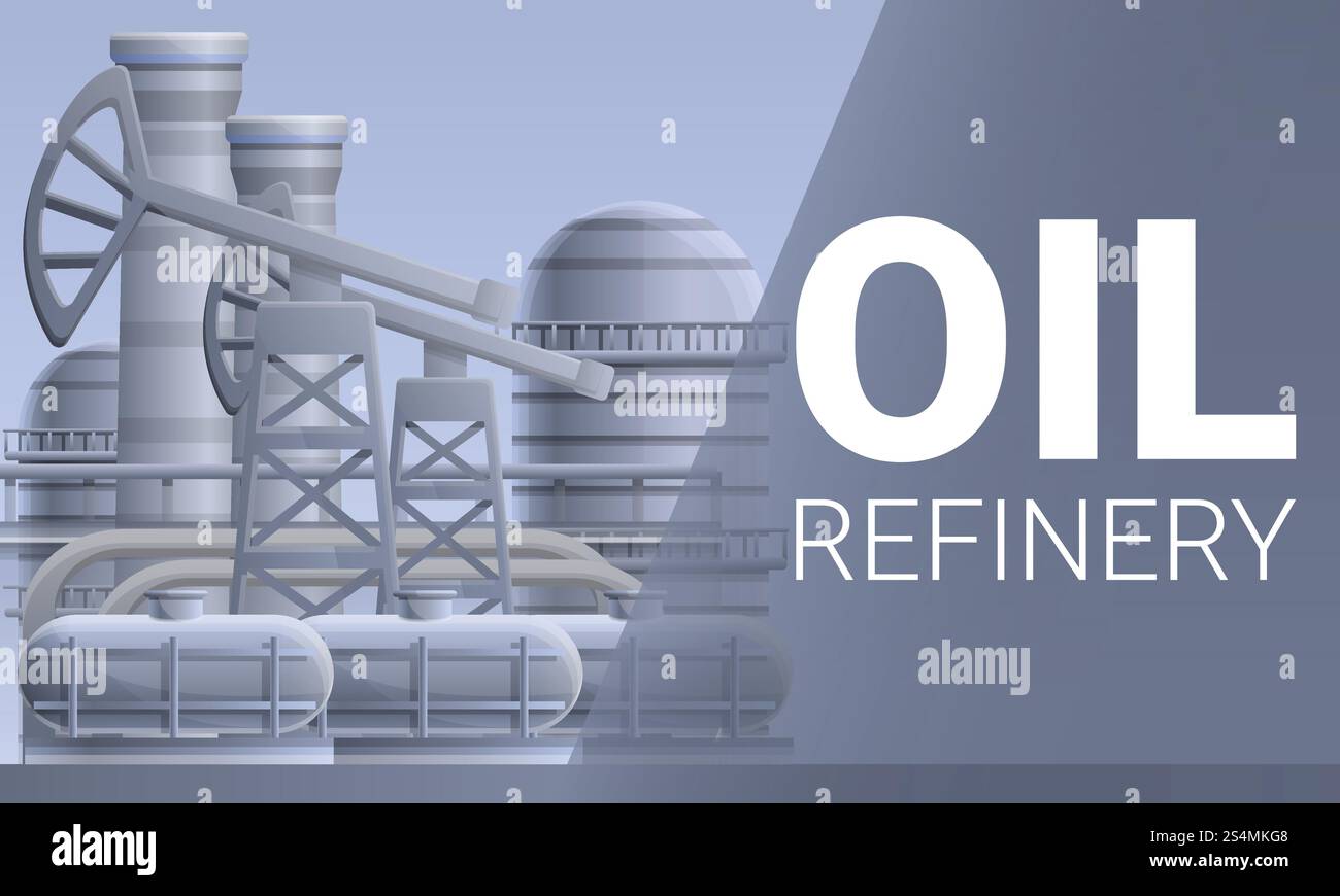 Modern oil refinery concept banner. Cartoon illustration of modern oil ...