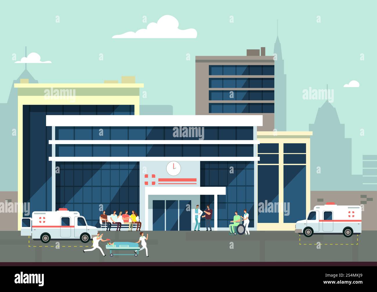 Accident and emergency hospital exterior with doctors and patients ...