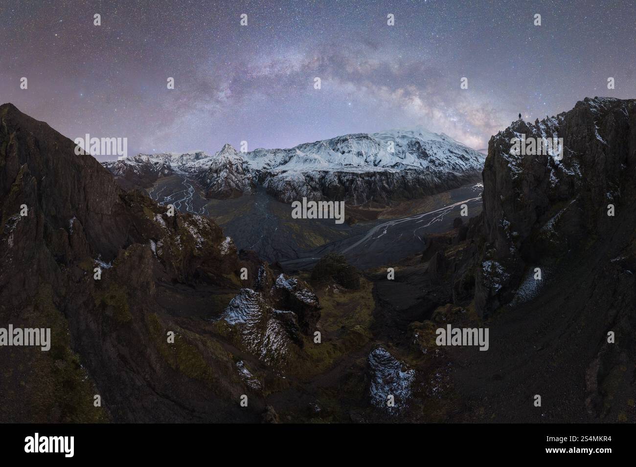 View of Icelandic peaks under a starry night, with the Milky Way ...