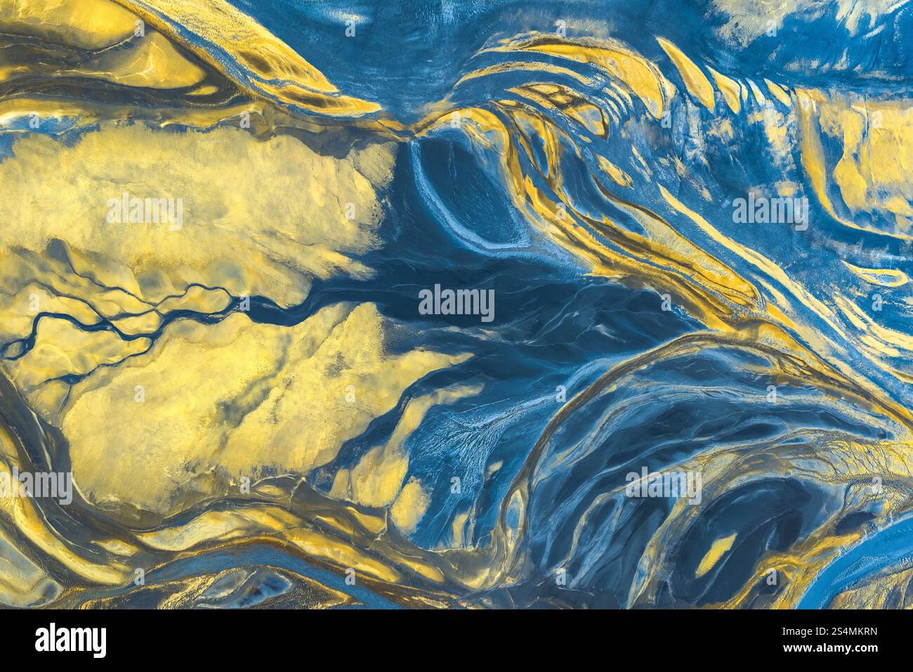 A mesmerizing blend of blue and yellow hues creates dynamic, fluid ...