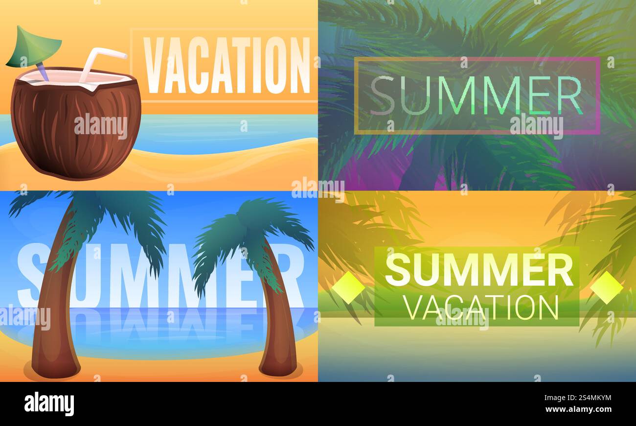 Sunny tropical resort banner set. Cartoon illustration of sunny ...
