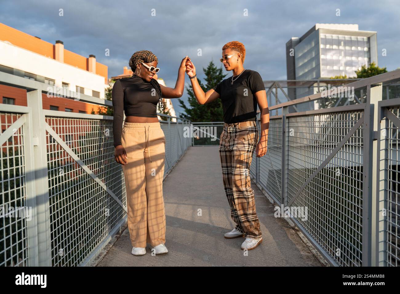 A cheerful LGBT multiethnic couple enjoys a sunny day on an urban ...