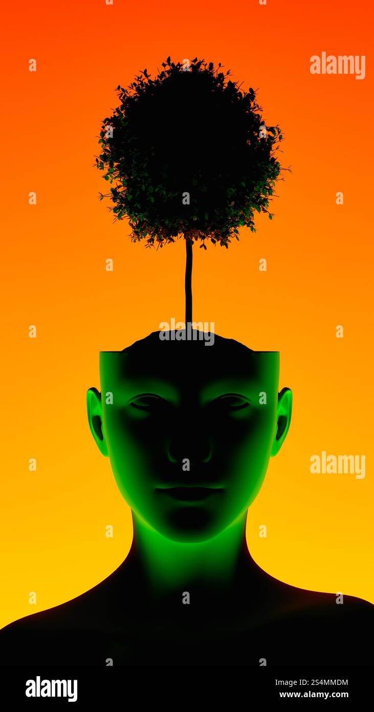 A silhouette of a human head features a vibrant tree emerging from the ...