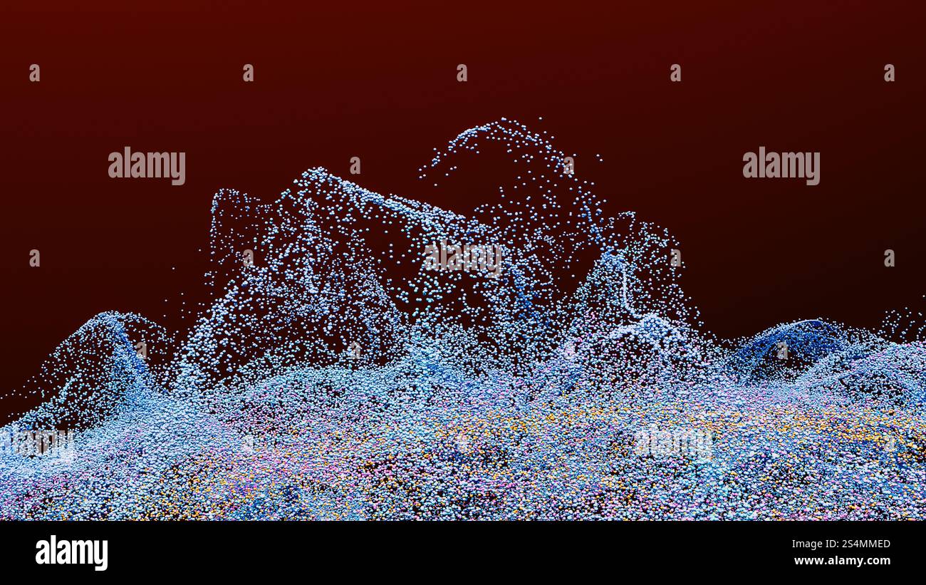 A vibrant display of abstract 3D particles creates a dynamic background ...