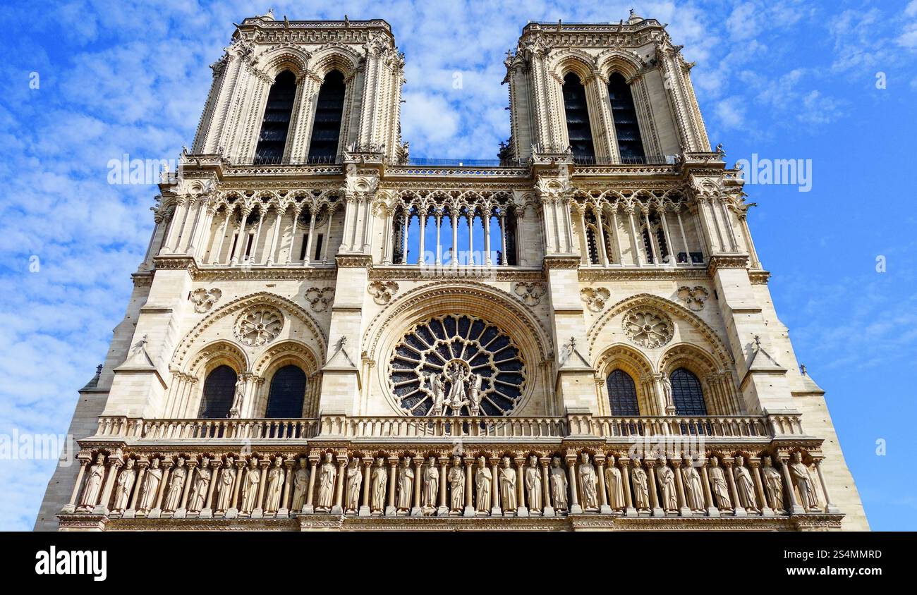 From below front view of the iconic Notre Dame Cathedral in Paris ...