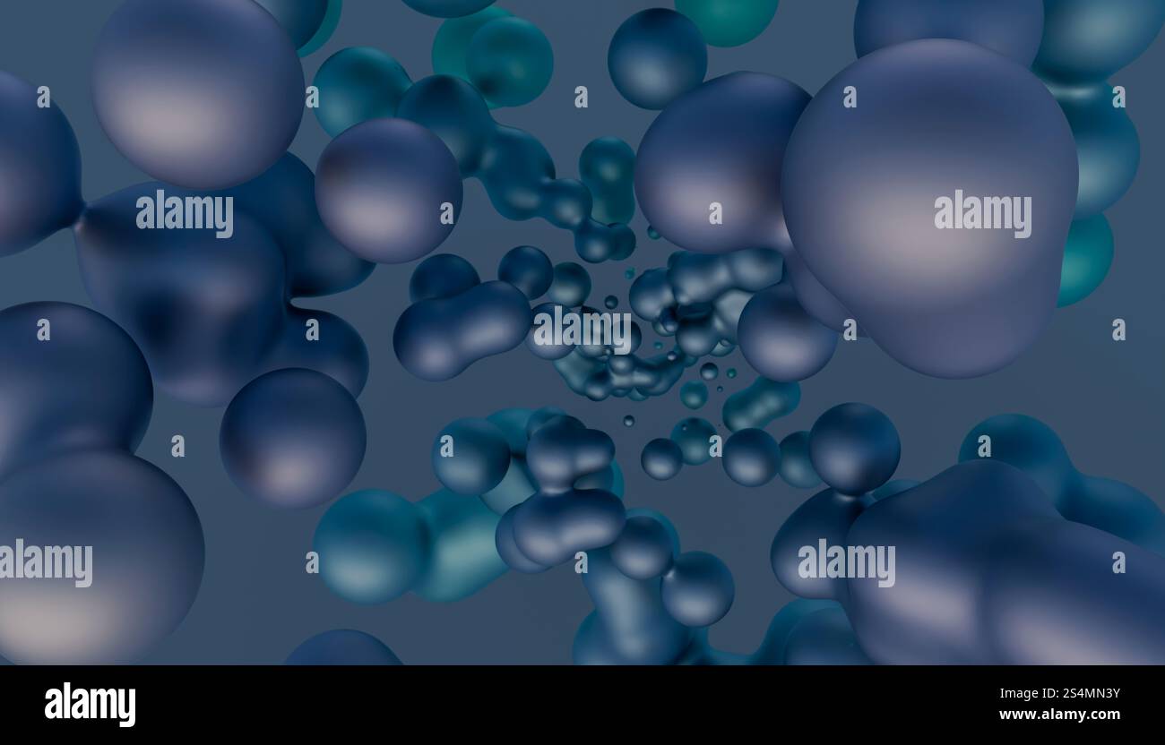 A 3D rendered image featuring clusters of fluid, overlapping spheres in ...