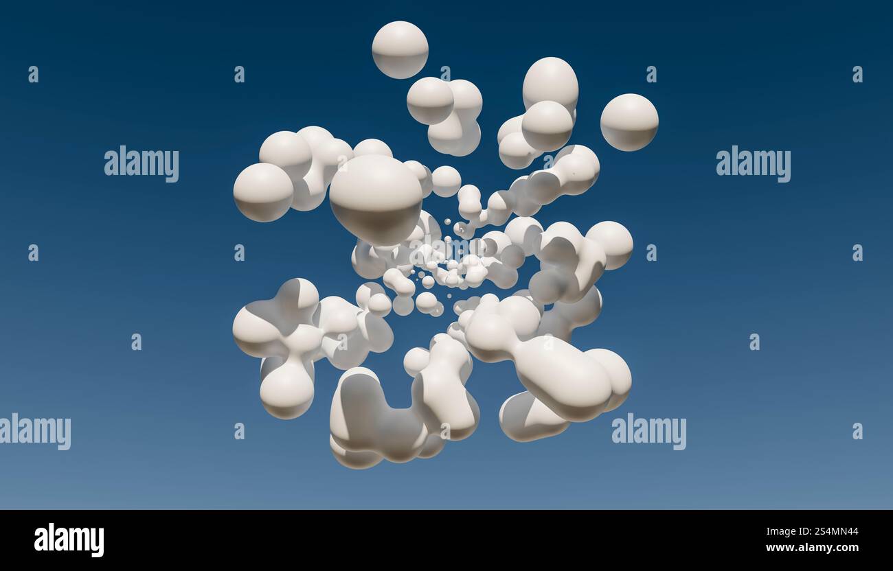 This 3D render depicts multiple abstract white shapes floating against ...
