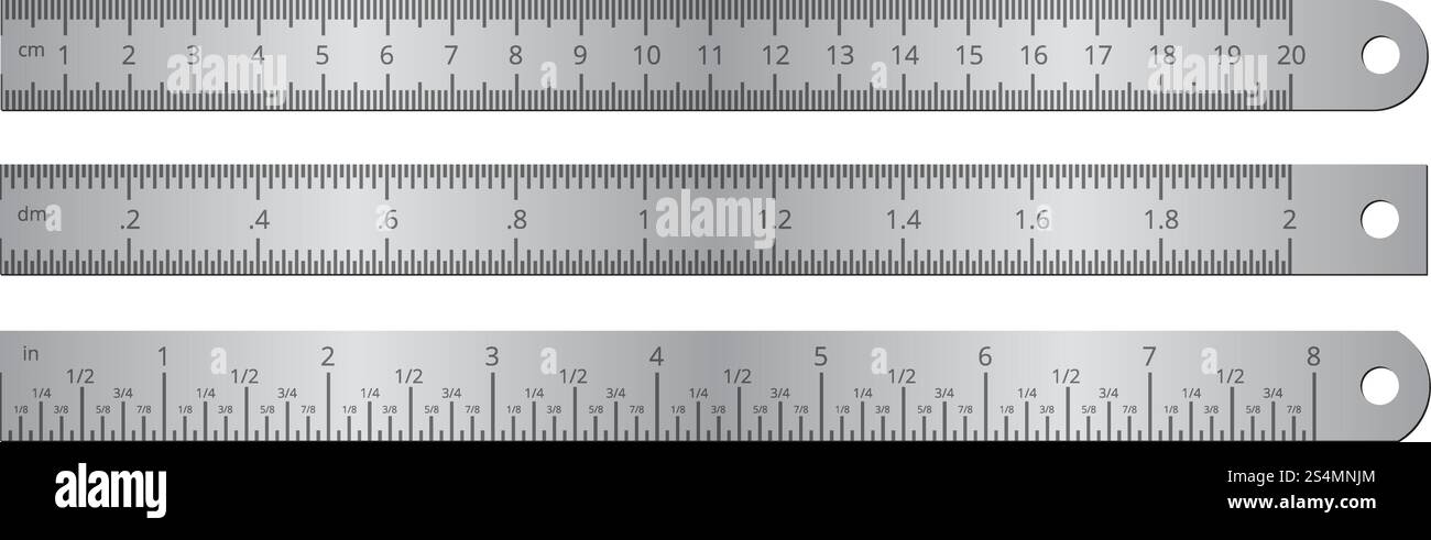 Metallic school rulers with inch and centimeter measuring scale vector ...