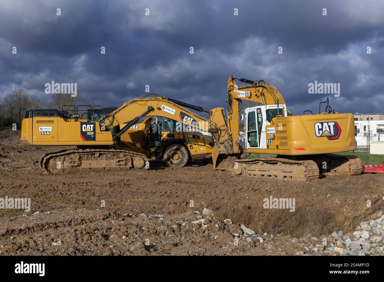 Talange, France - View on two CAT crawler excavators for earthworks on ...