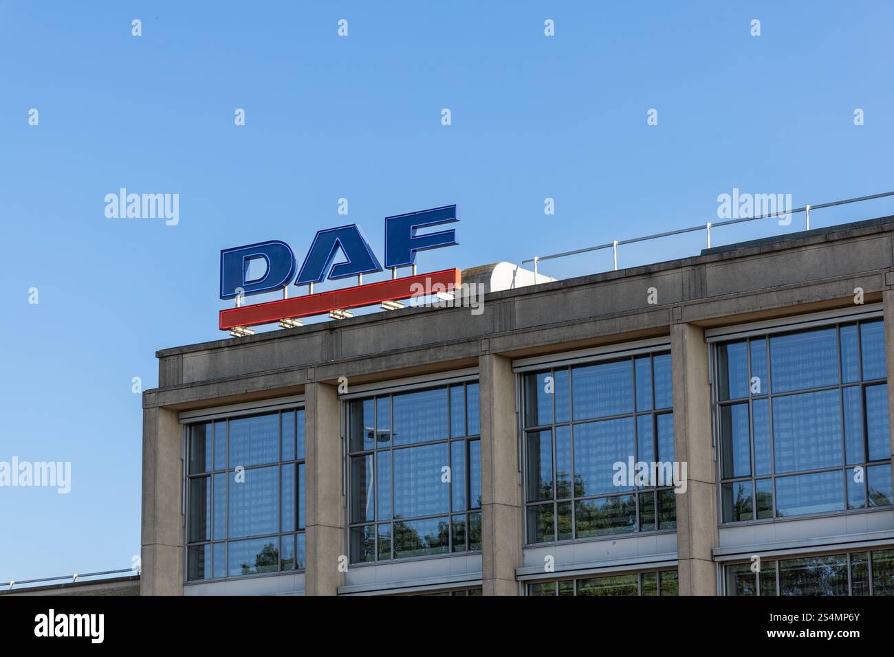Eindhoven, the Netherlands. 28 June 2024. DAF logo sign with neon on ...