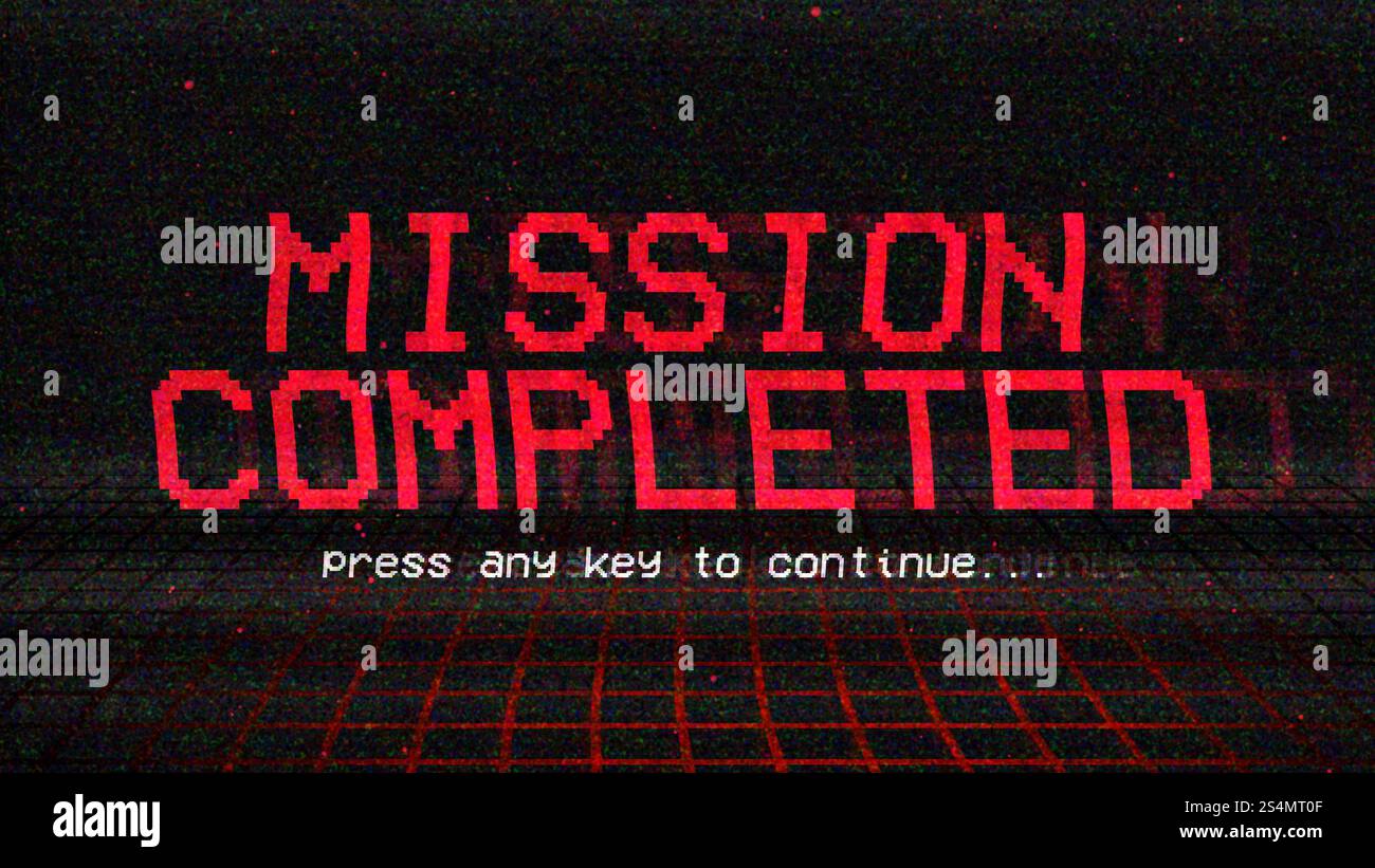 Mission completed, vintage arcade game screen with glitch effect ...