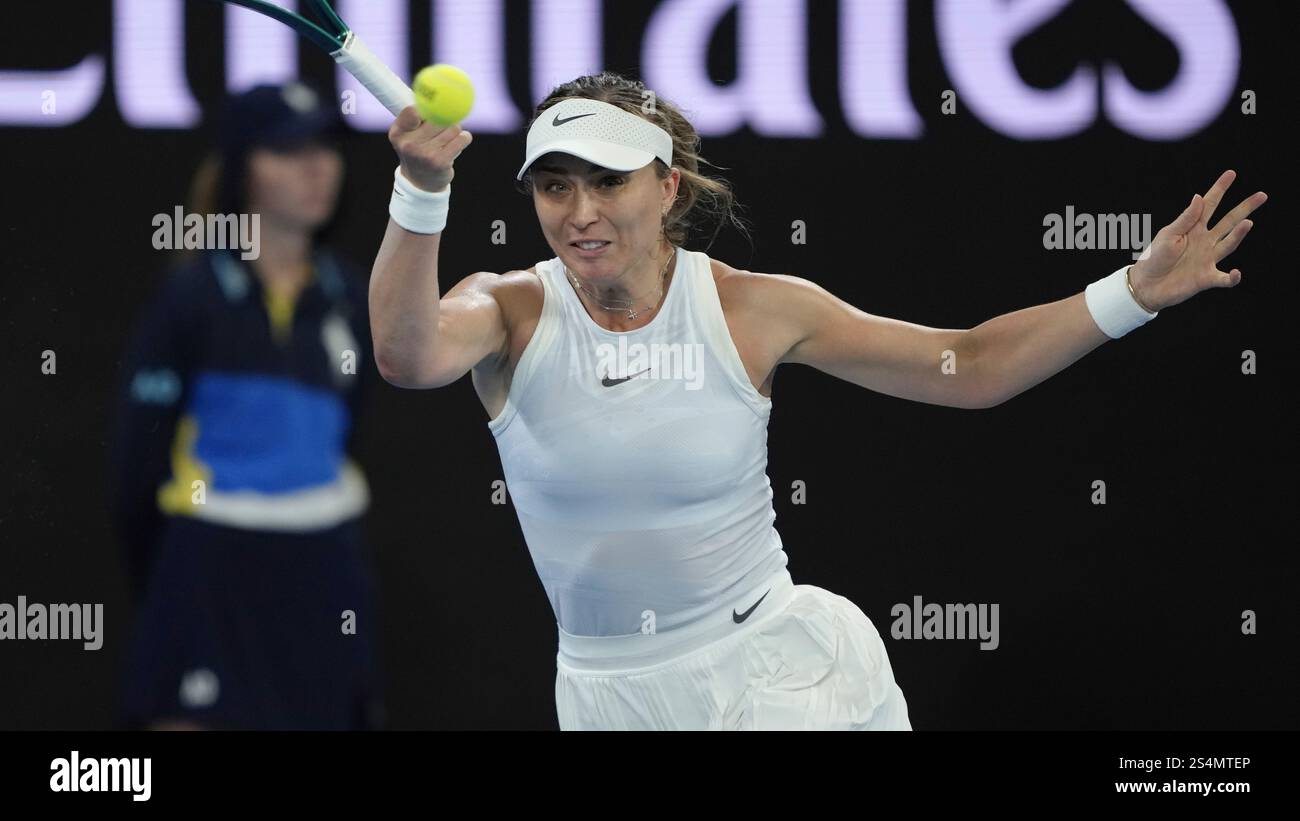 Paula Badosa of Spain plays a forehand return to Wang Xinyu of China ...