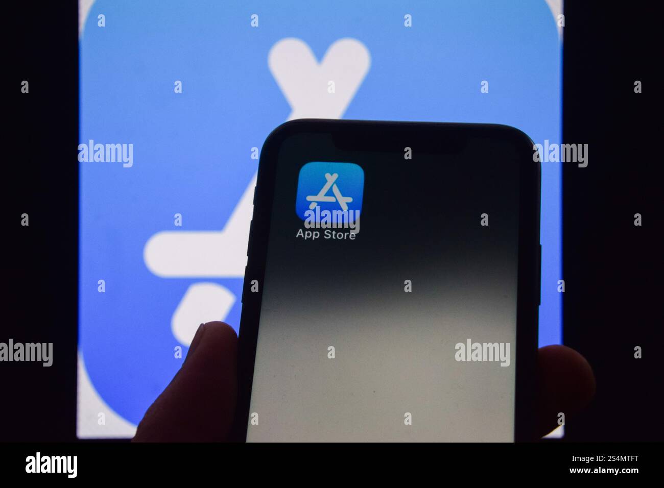 London, England, UK. 13th Jan, 2025. The App Store logo on an iPhone as ...