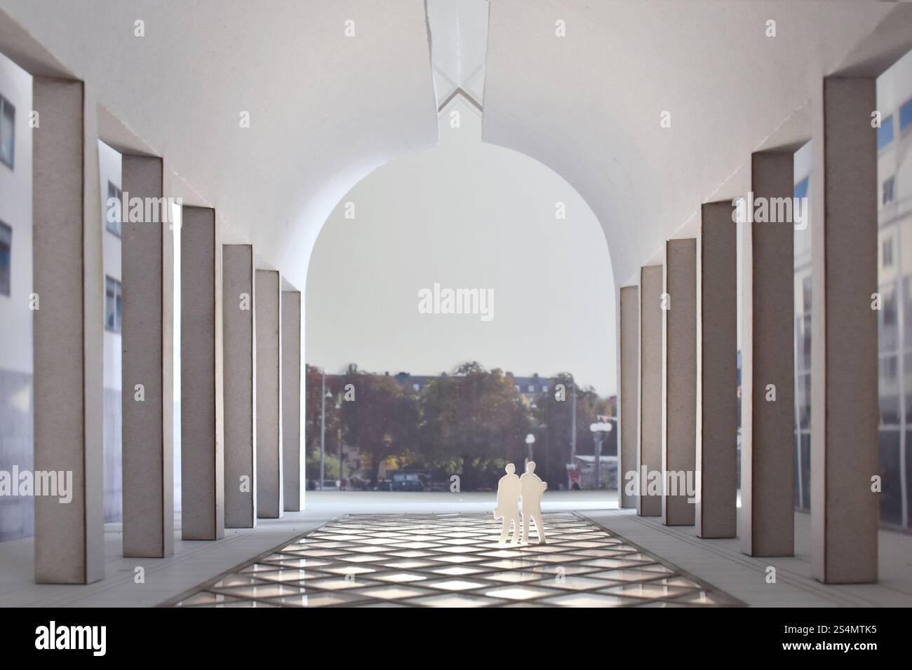 A architectural model of figures walk through arcade with tall columns ...