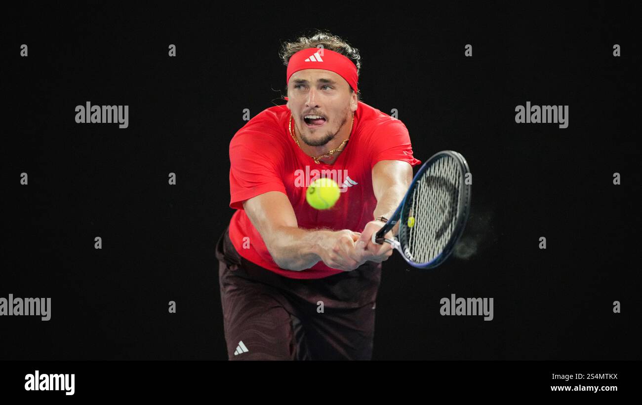 Alexander Zverev of Germany plays a backhand return to Lucas Pouille of France during their ...