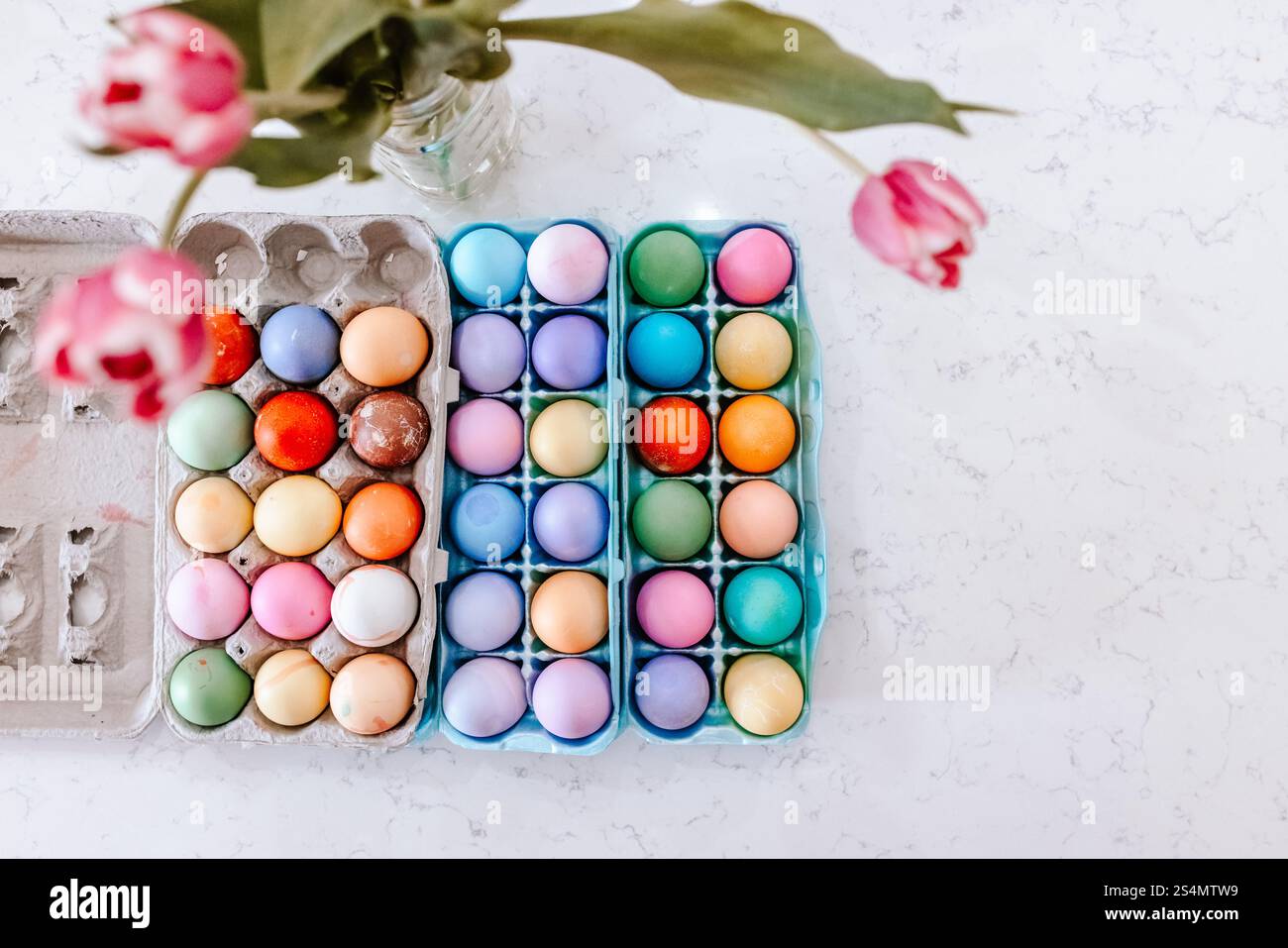 Dyed Easter Eggs in Egg Carton on Counter with Tulips Stock Photo - Alamy