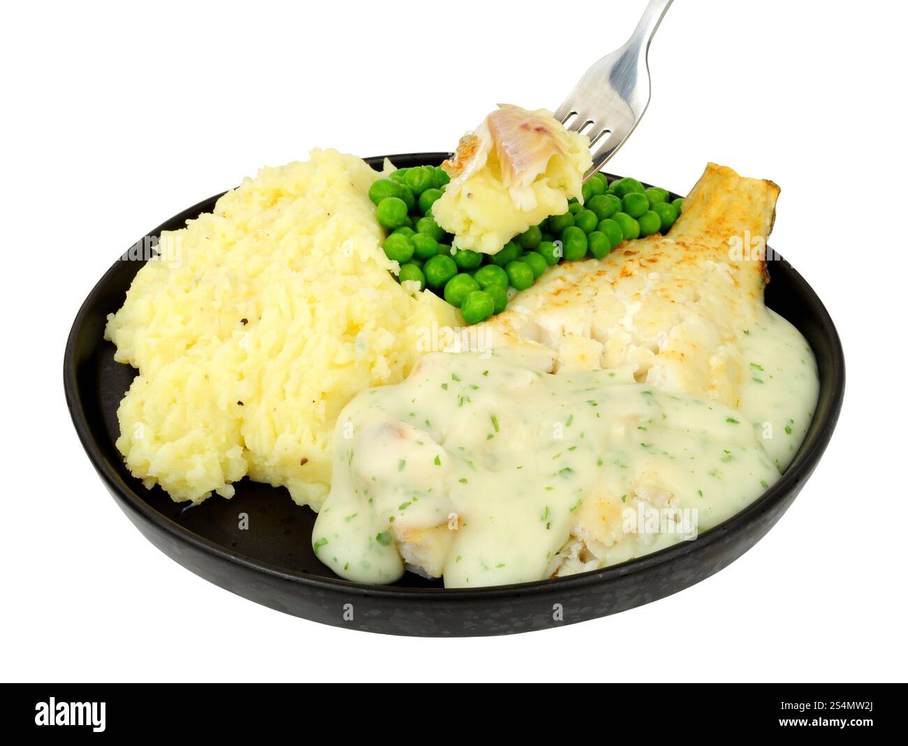 Cod fish fillet in a creamy parsley sauce meal with mashed potato and ...