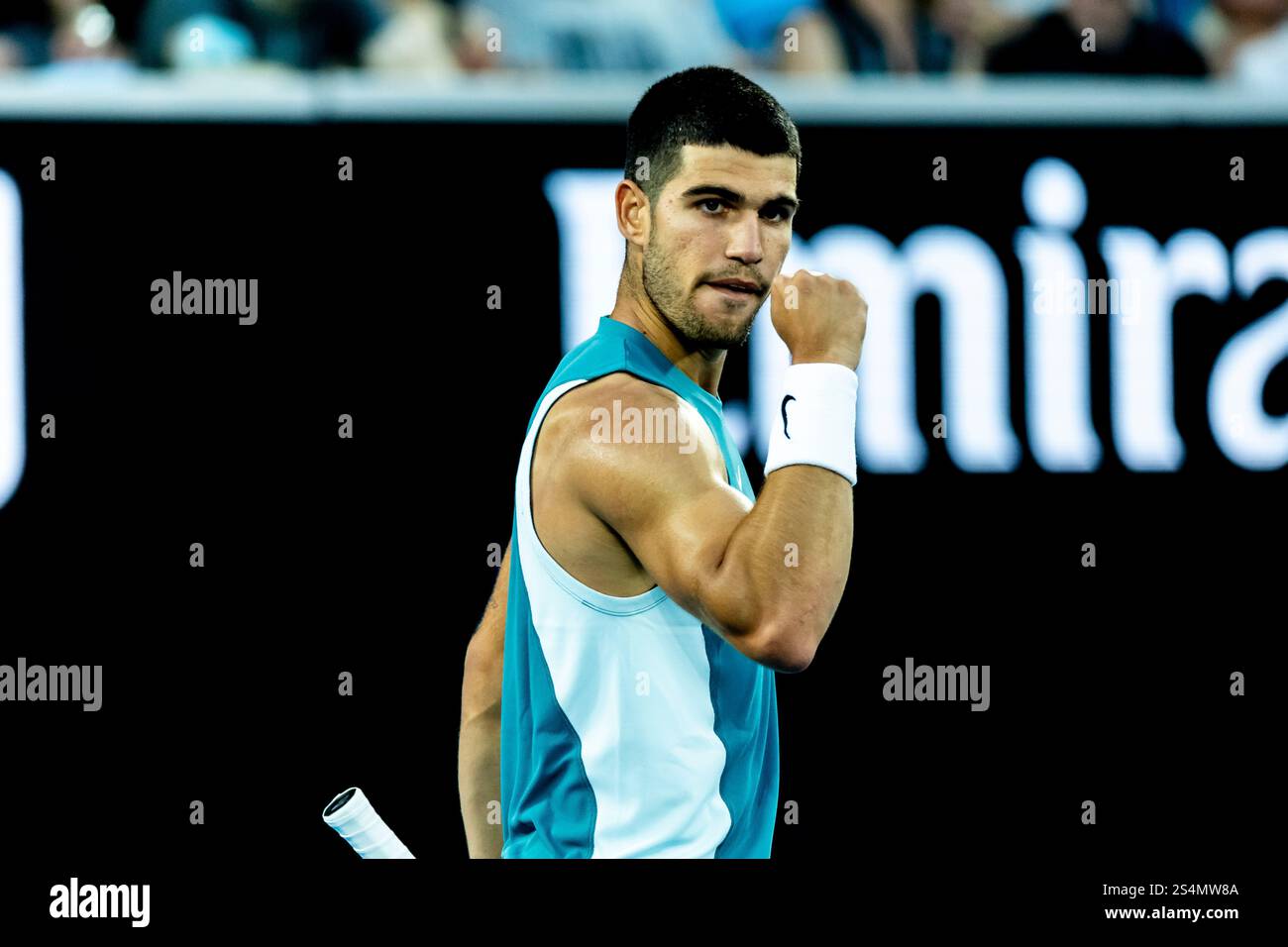 MELBOURNE, VIC - JANUARY 13: Carlos Alcaraz of Spain celebrates during ...