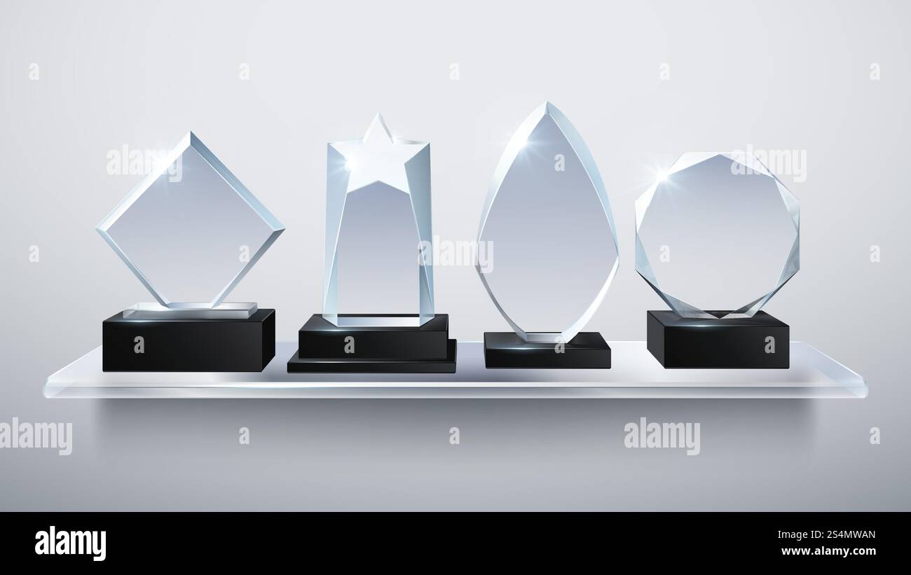 Realistic glass trophy awards, transparent diamond winner prizes on ...