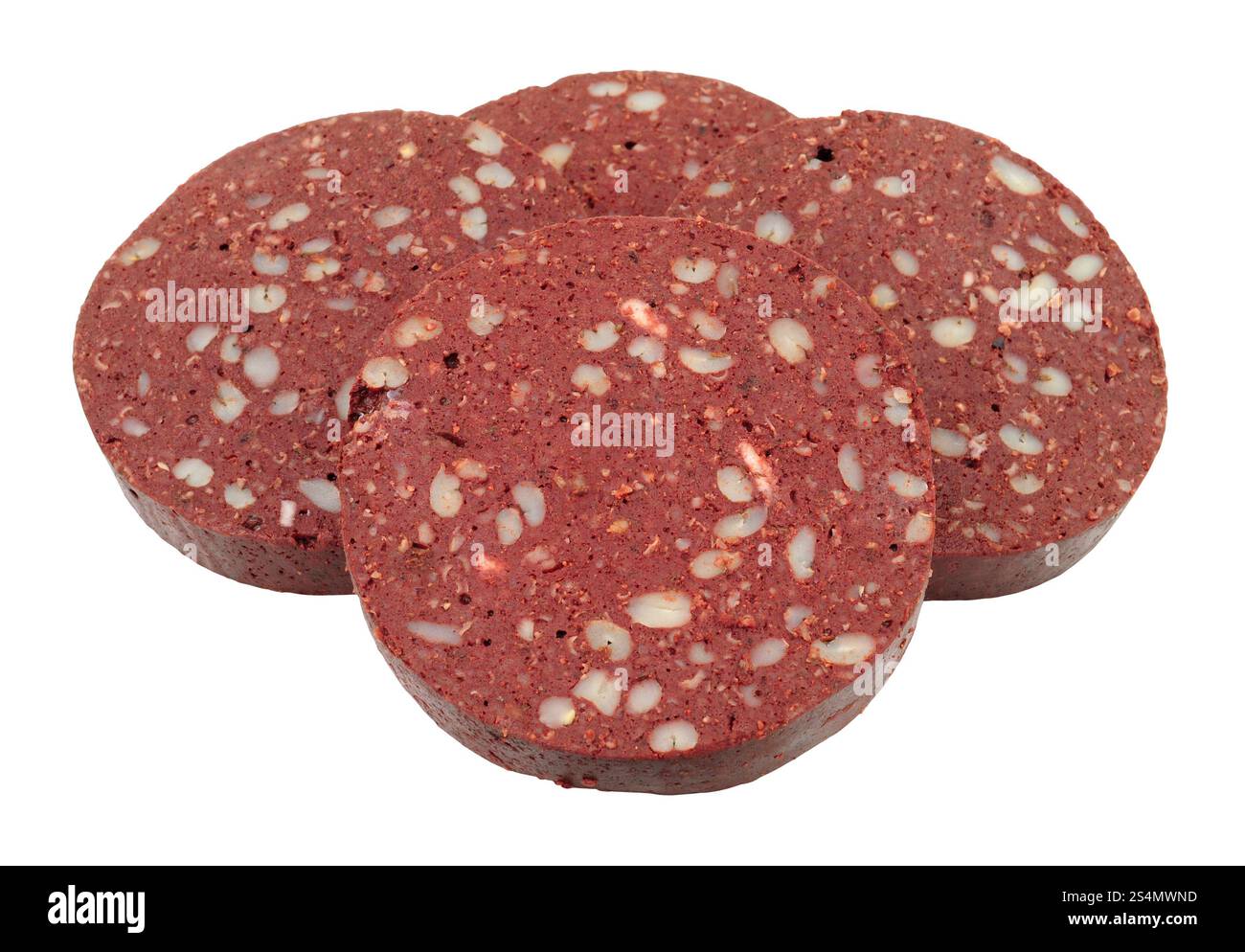 Four traditional English black pudding slices made with dried pork ...