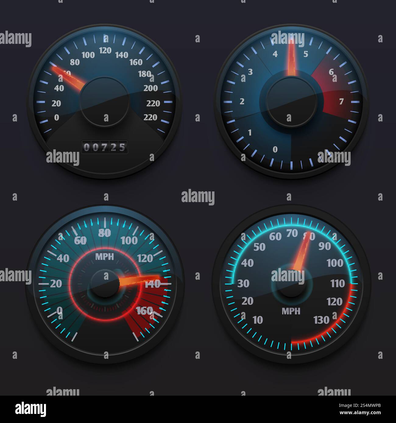 Futuristic car speedometers, speed indicators with pointer for vehicle dashboard isolated vector ...