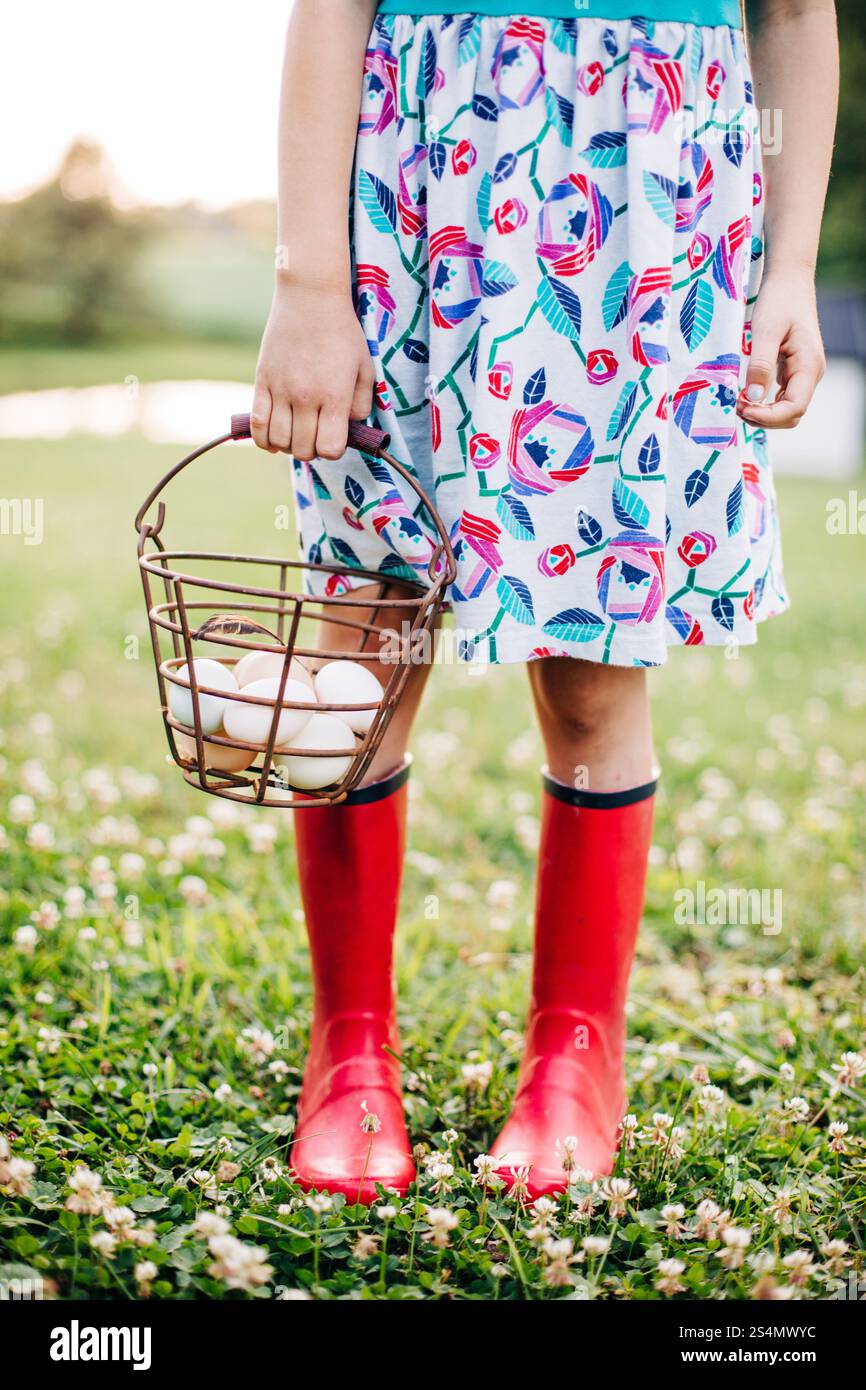 Basket of Chicken Eggs with a Feather and Red Boots Stock Photo - Alamy