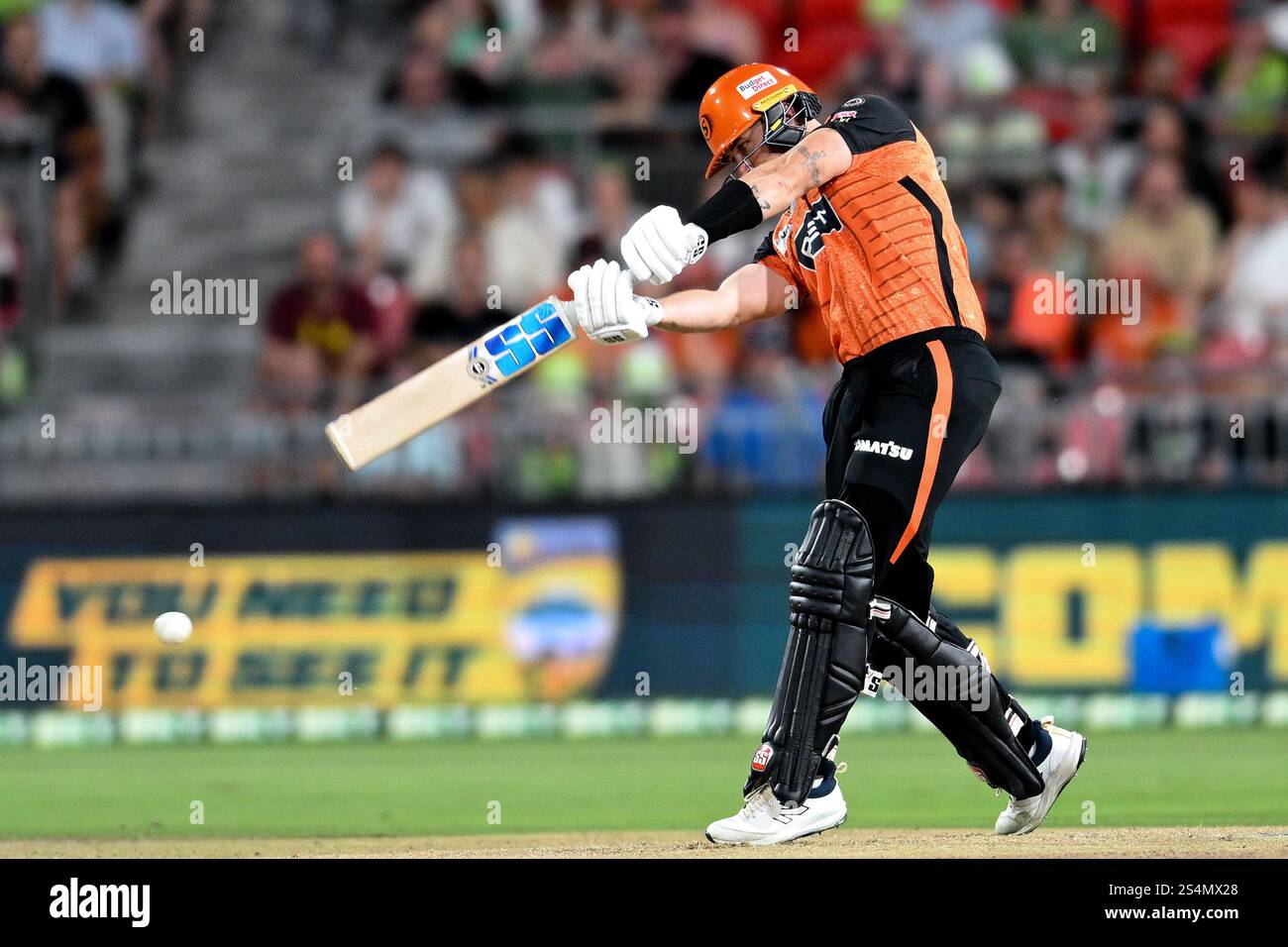 Sydney, Australia. 13th Jan, 2025. Finn Allen of the Scorchers hits the ...