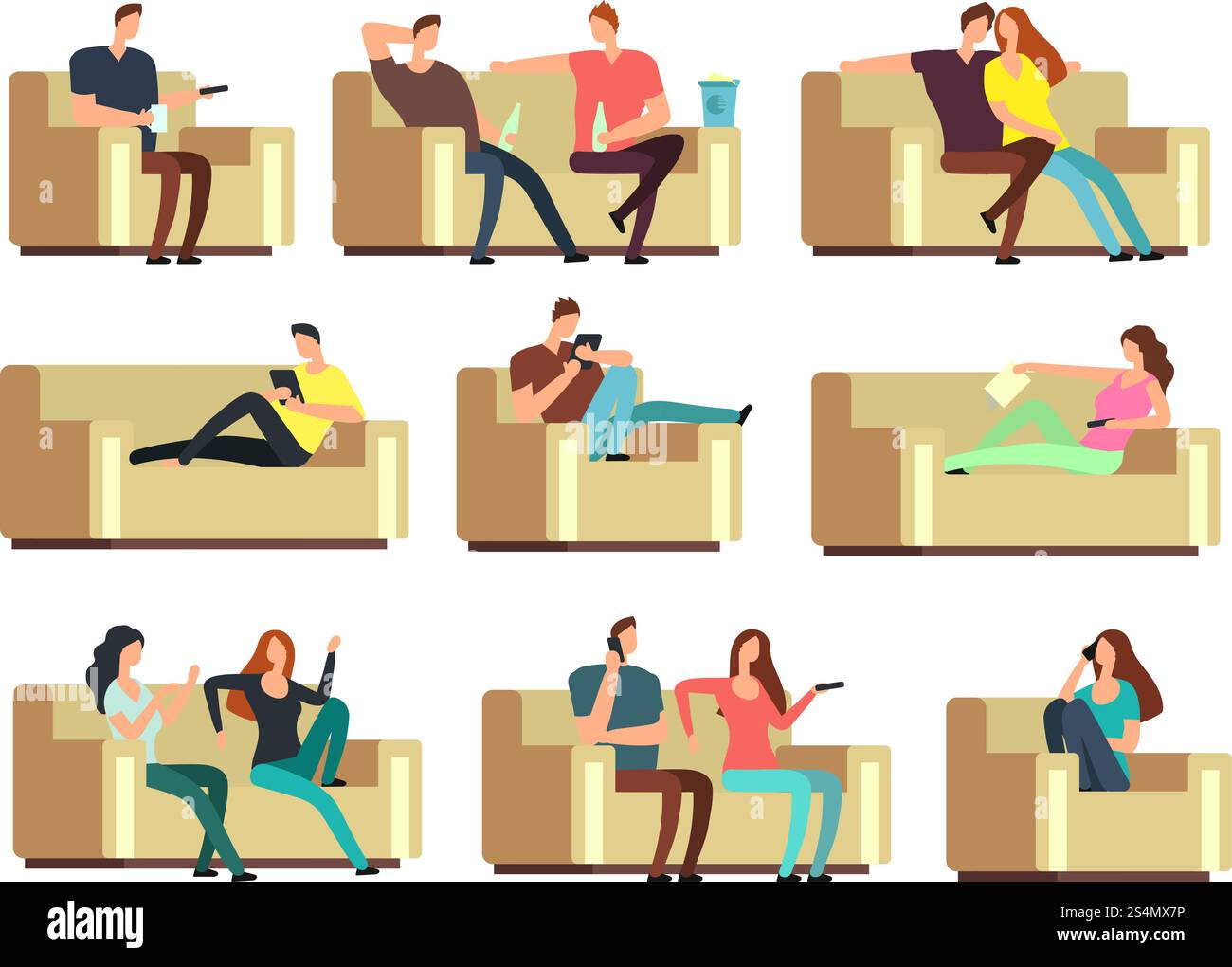 People watching tv, resting with phone, snacking on couch. Characters ...