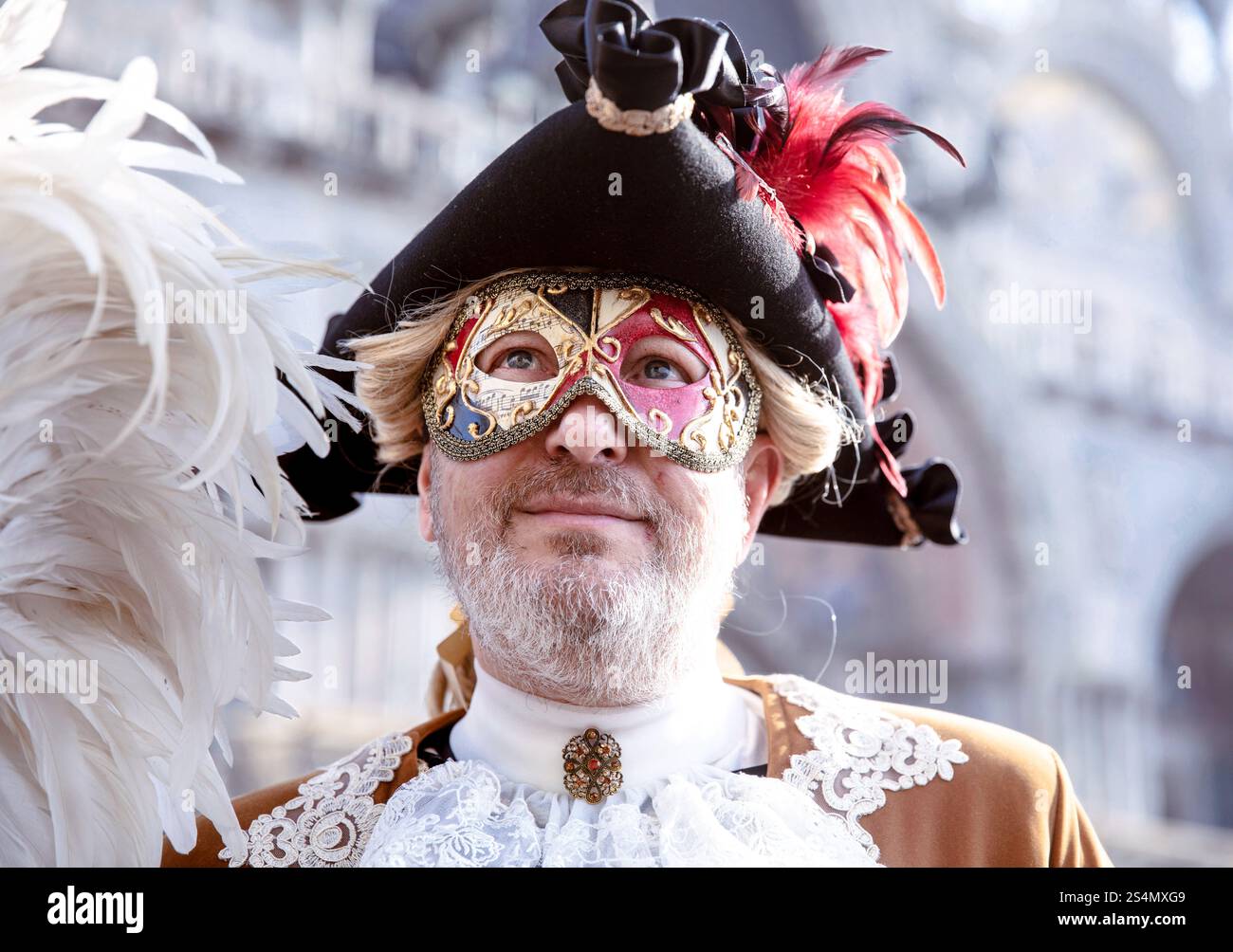 Caucasian male in venetian masquerade costume with feathered hat Stock ...