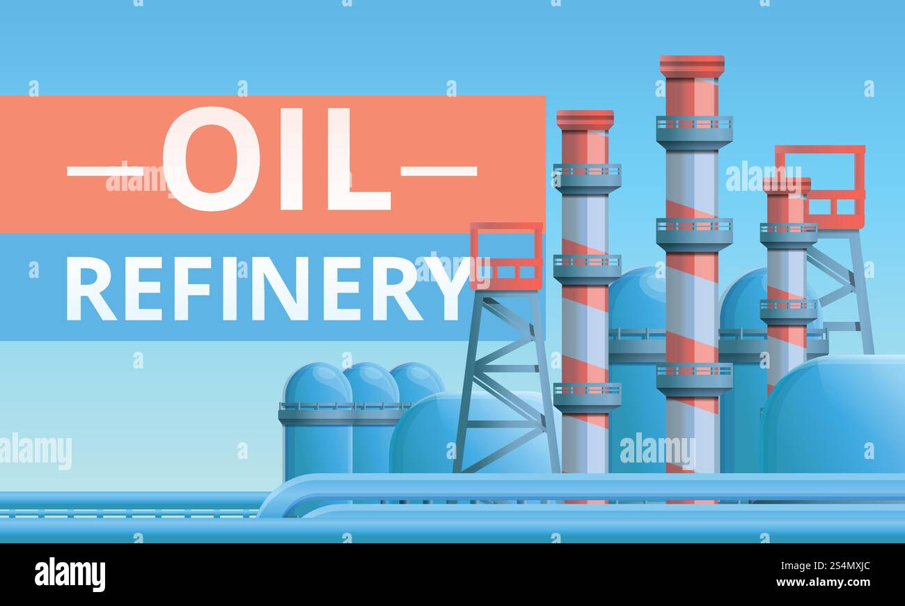 Oil refinery concept banner. Cartoon illustration of oil refinery ...