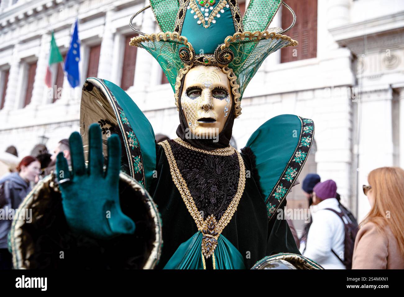 Elaborate venetian carnival costume with green and gold details Stock ...