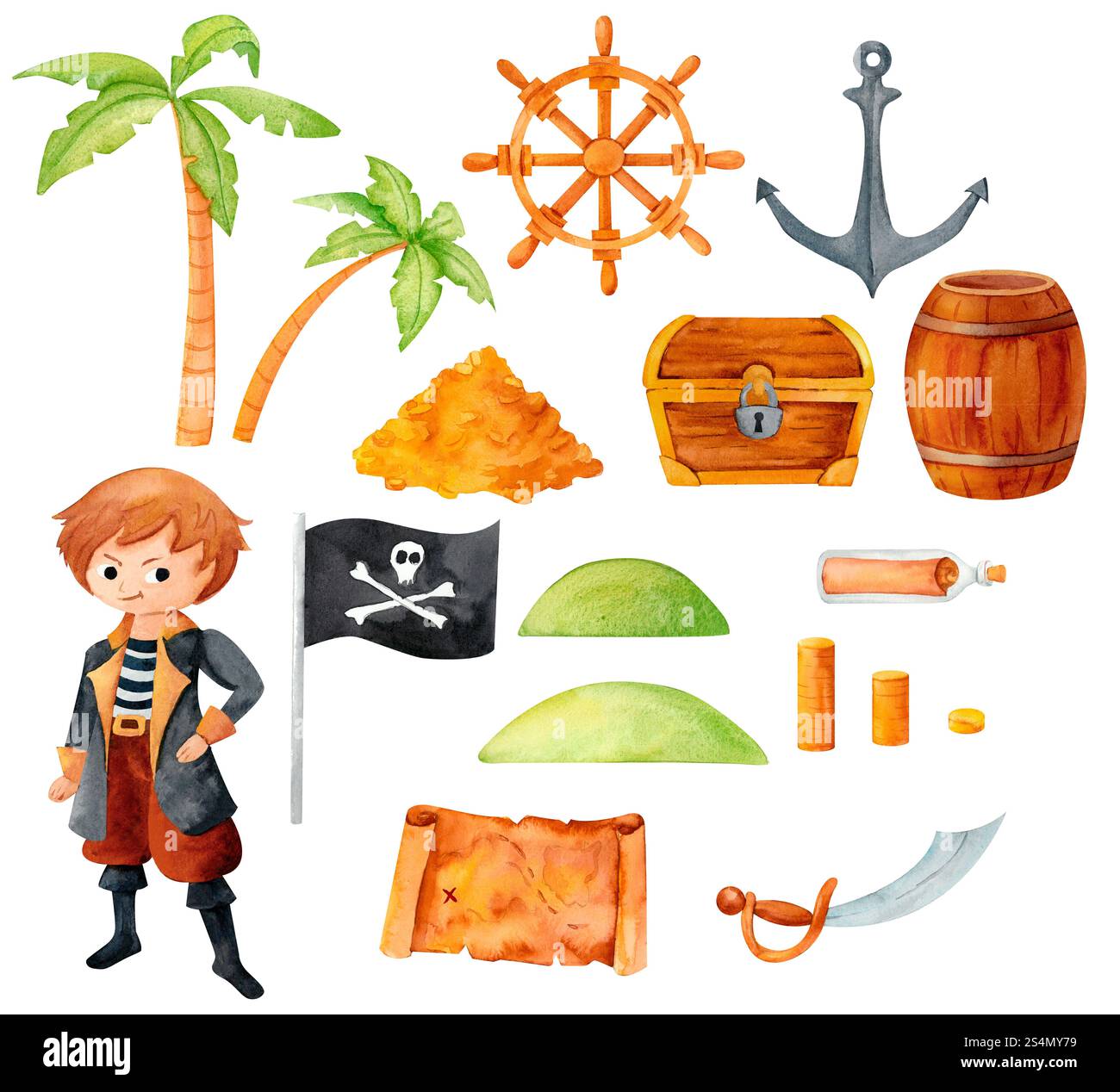 Pirate set featuring a boy, sabre, treasure chest, old map, anchor ...