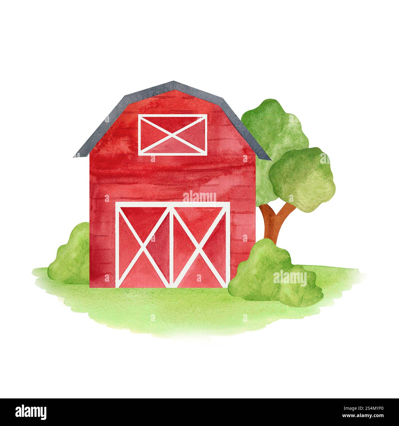 Barn on a green meadow surrounded by a green meadow and shrubs. A ...