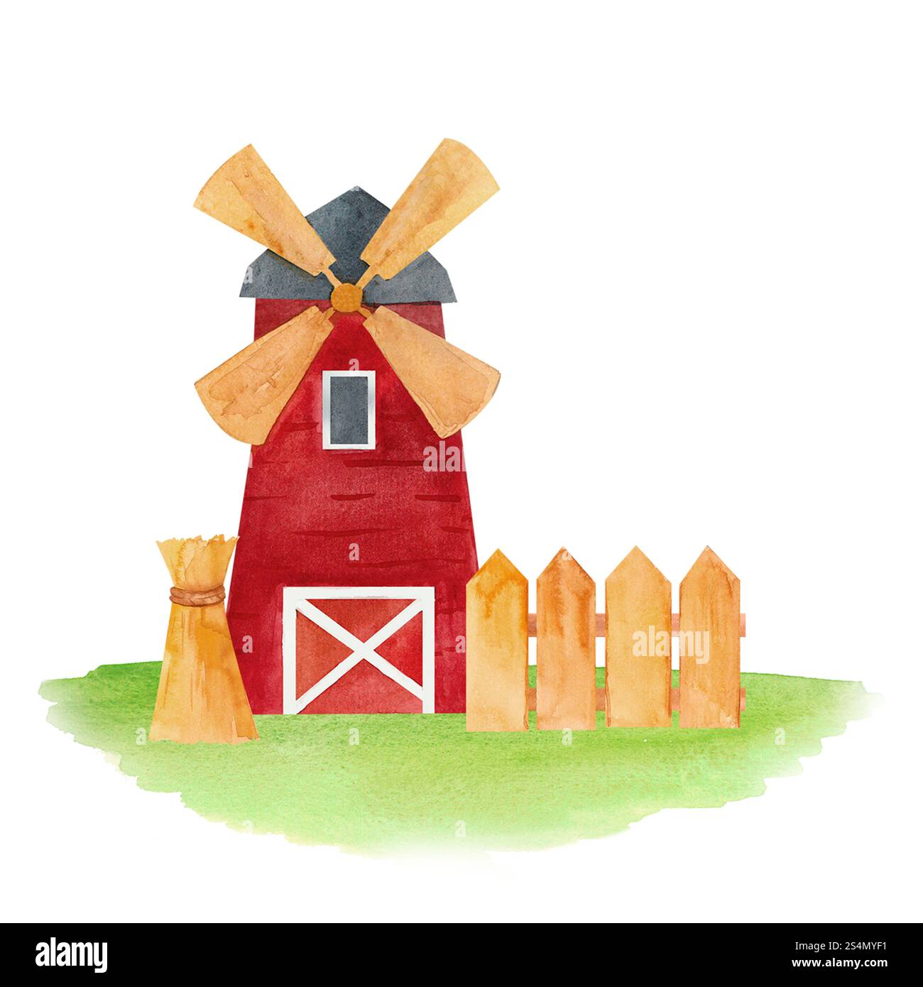 Red windmill is set next to a wooden fence and a golden haystack, a ...
