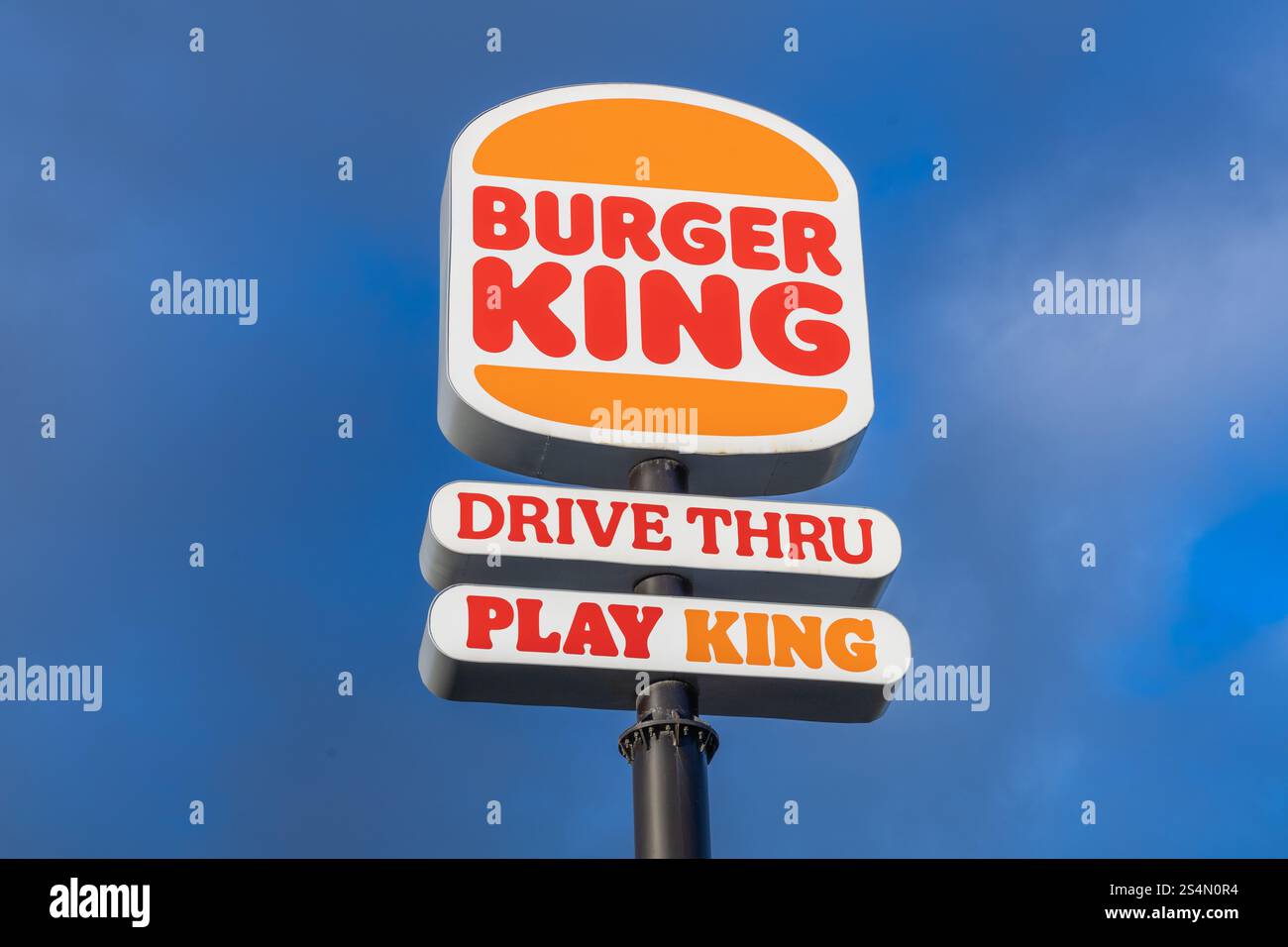 Lisbon, Portugal. 10 December 2023. Burger King logo sign in the sky ...
