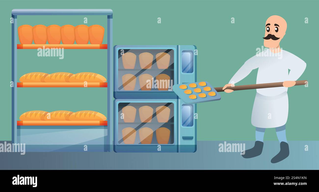 Baker in bakery factory concept banner. Cartoon illustration of baker ...