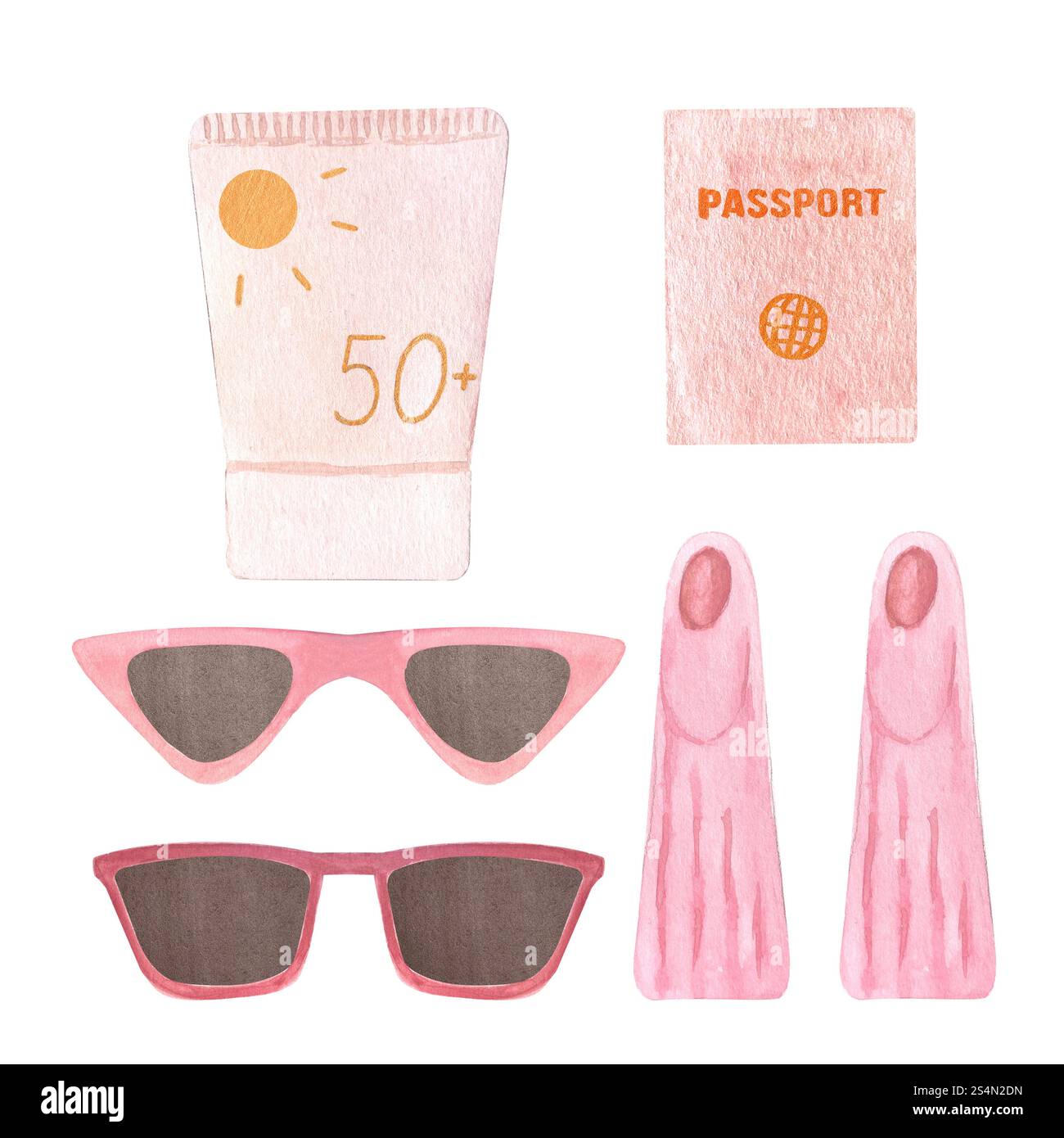 Sunglasses, passport, sun cream, diving flippers pink watercolor ...