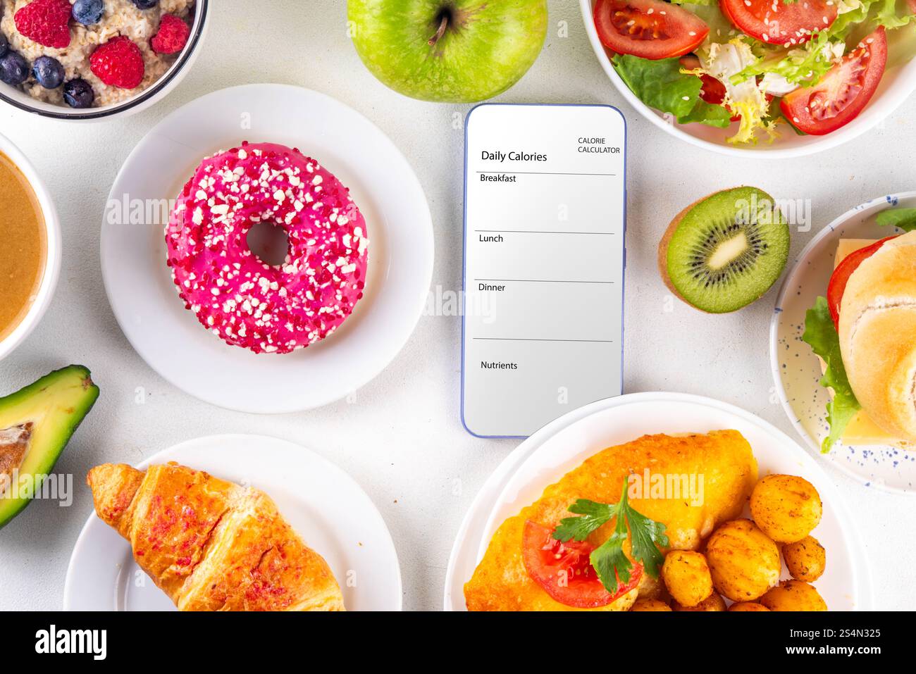 Calorie Calculator diet background with healthy and unhealthy foods ...