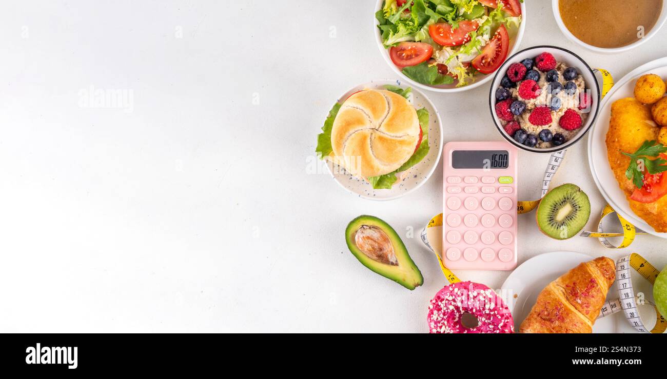 Calorie Calculator diet background with healthy and unhealthy foods ...