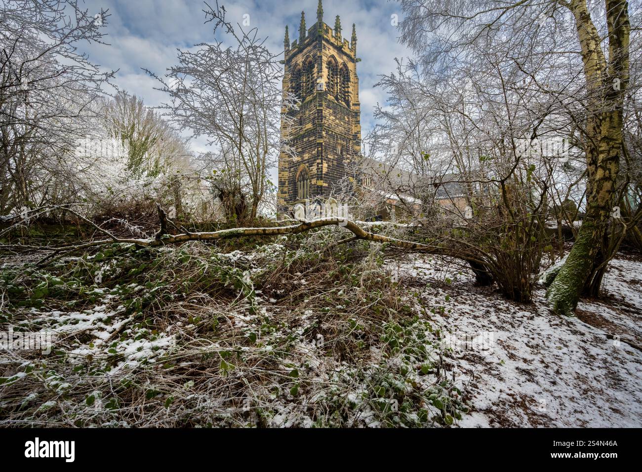 St Marys church by the dam in Lymm, Cheshire on a winters day Stock ...