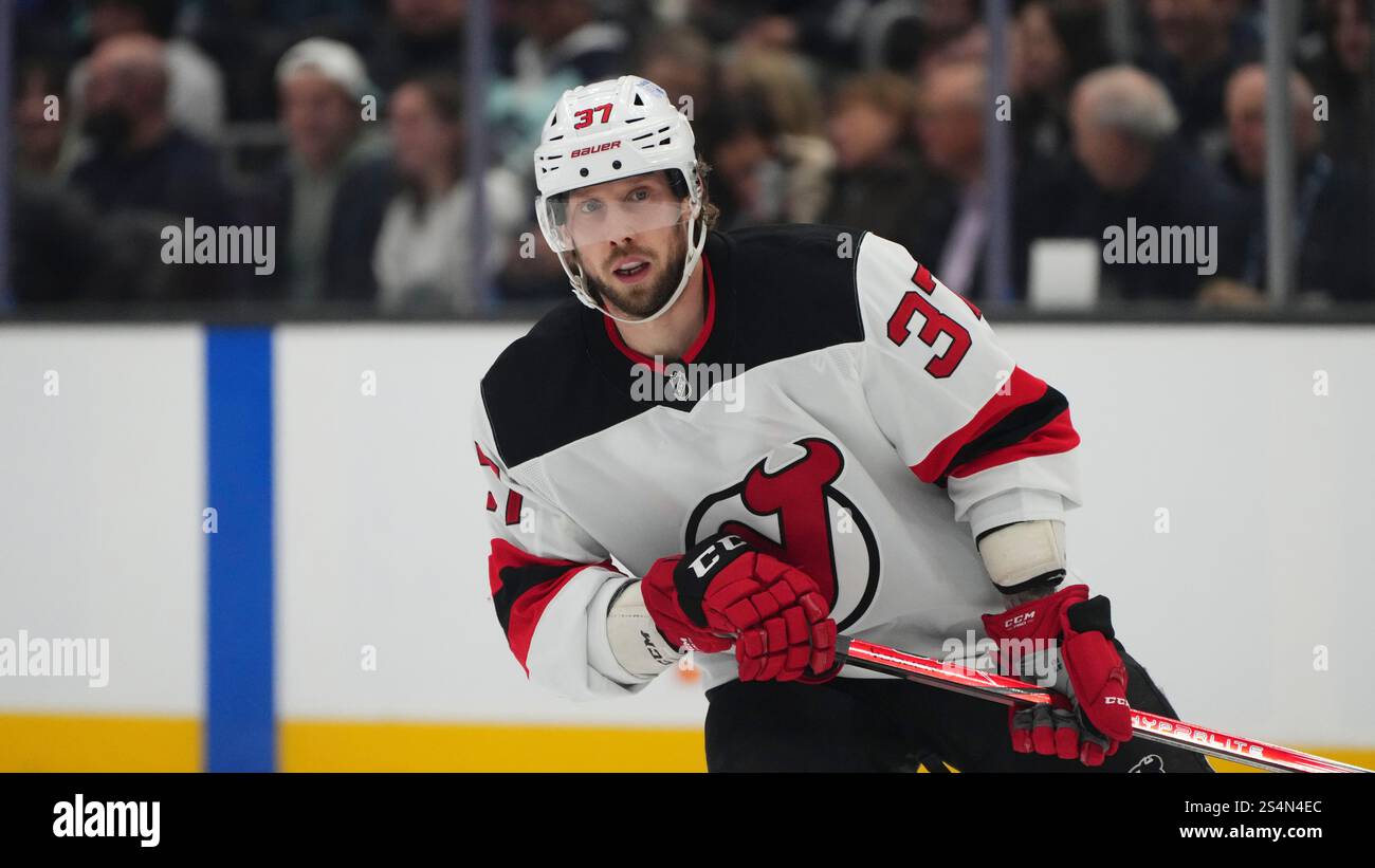 New Jersey Devils center Justin Dowling looks on against the Seattle ...