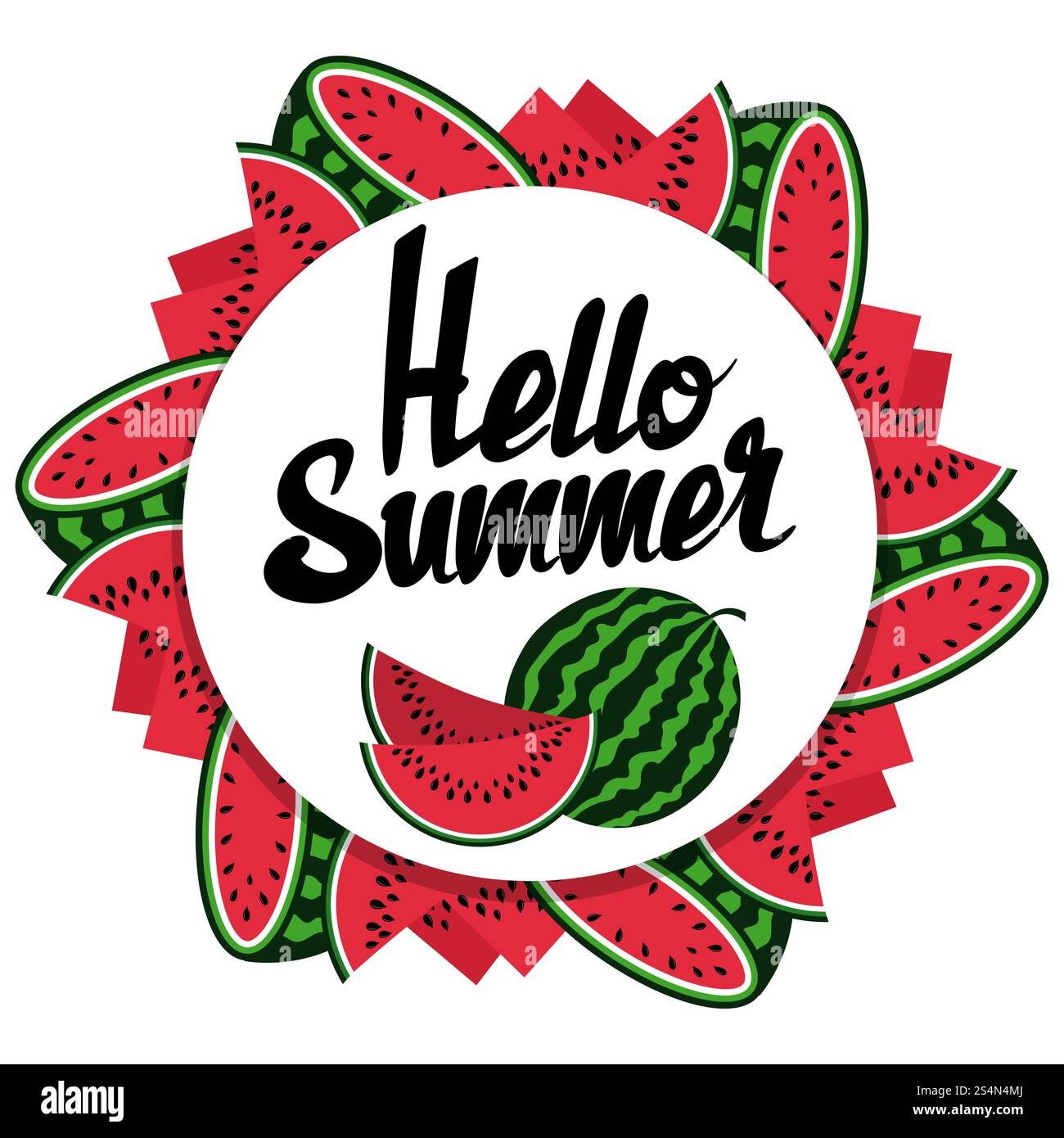 Hello summer watermelon round banner design isolated on white. Vector ...