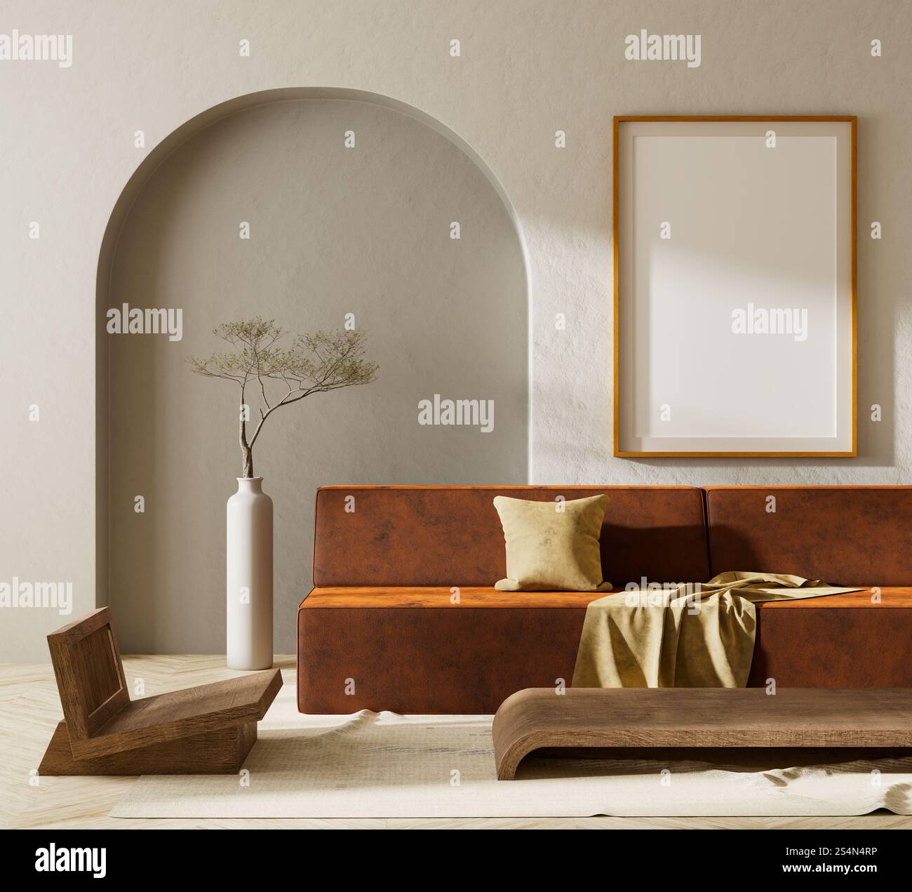 living room interior mock up, modern furnitures and decorative arch ...
