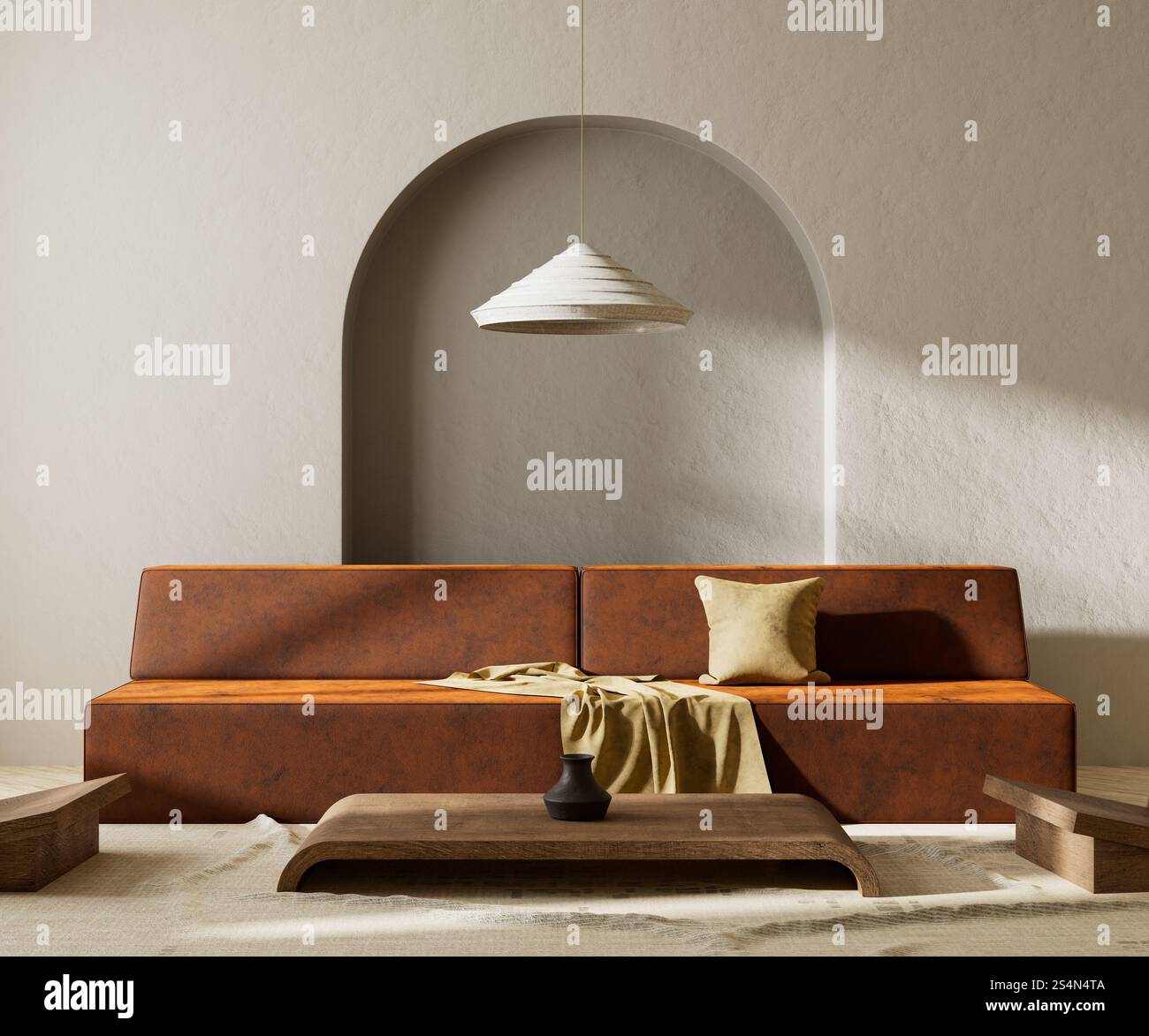 living room interior mock up, modern furnitures and decorative arch ...