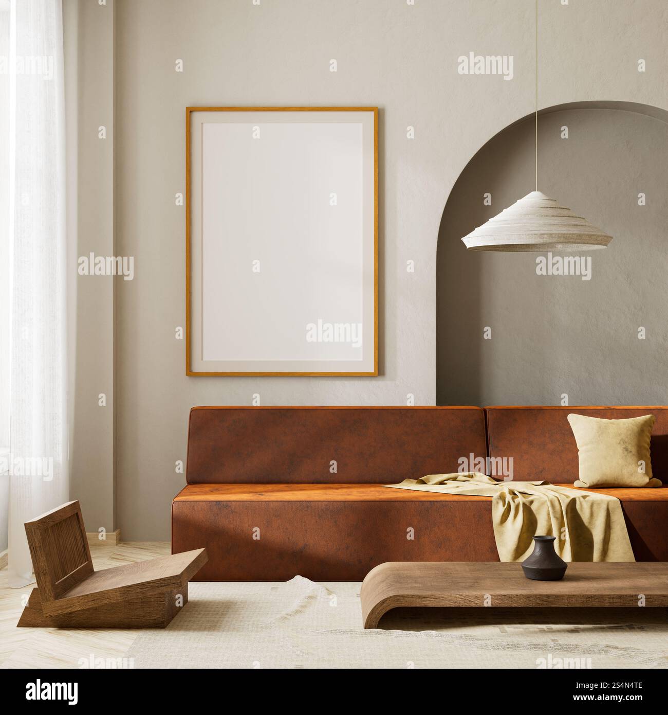 living room interior mock up, modern furnitures and decorative arch ...