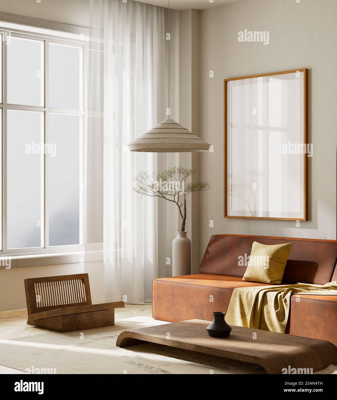 living room interior mock up, modern furnitures and decorative arch ...